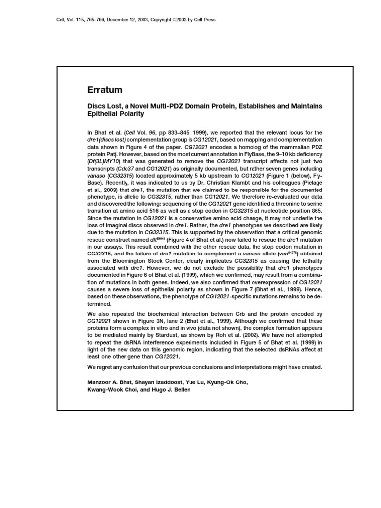 Discs Lost, A Novel Multi PDZ Domain Protein, Esta | PDF | Gene | Mutation