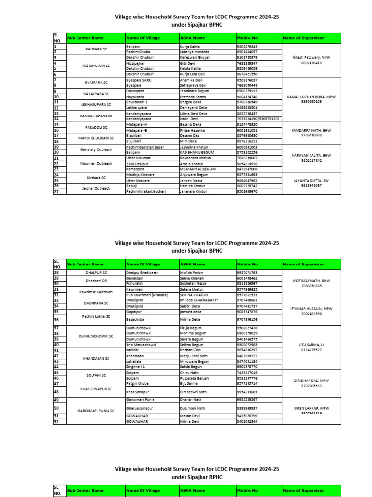 LCDC Village Wise House Hold Survey Sipajhar BPHC 2024-25 | PDF