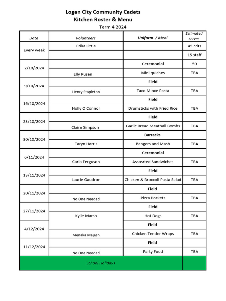 Cadet Kitchen Roster 2024 T4 Oct Dec | PDF