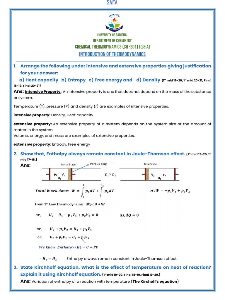 Chemistry Thermodynamics Q&A | PDF | Enthalpy | Gases