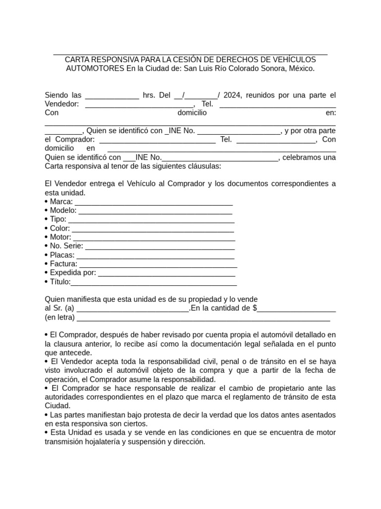 CARTA RESPONSIVA PARA LA CESIÓN DE DERECHOS DE VEHÍCULOS AUTOMOTORES en ...