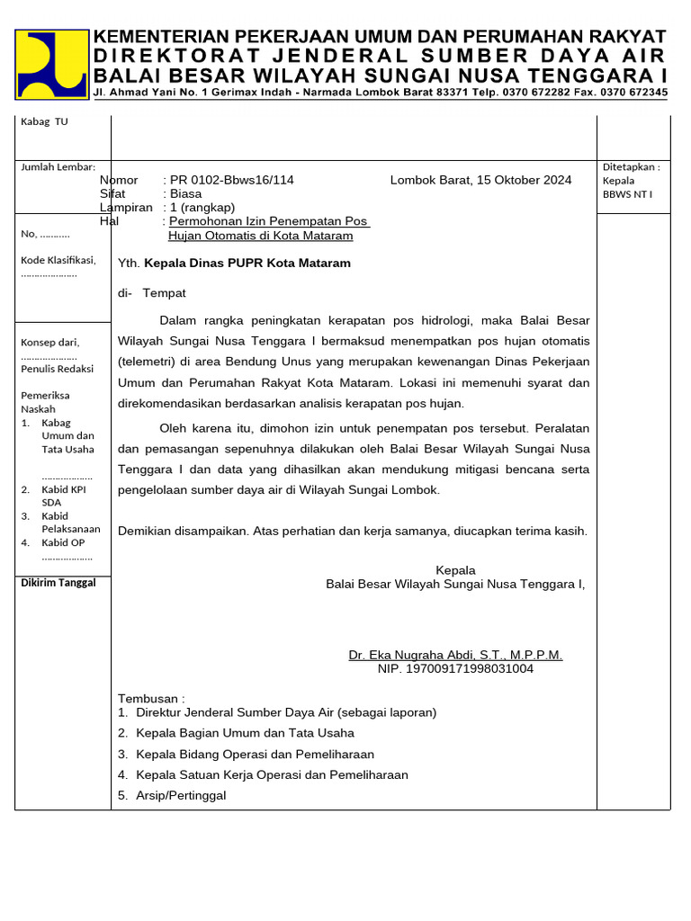 Surat Permohonan Penempat Pos Hujan (Paraf) Kota Mataram | PDF