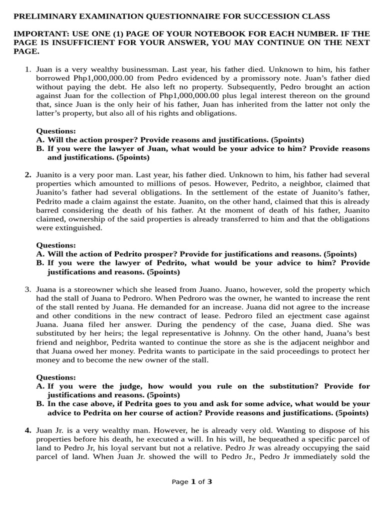 Preliminary Examination Questionnaire for Succession Class | PDF | Property | Inheritance