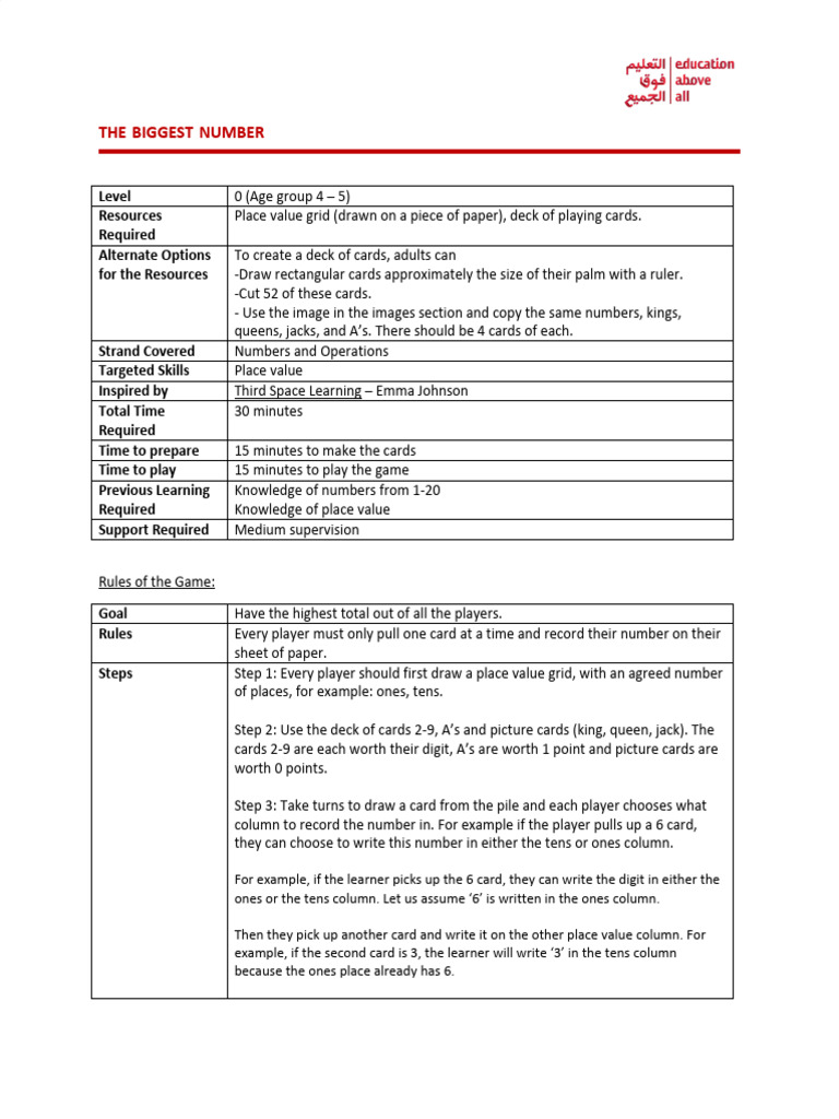 The Biggest Number | PDF | Card Games | Games Of Chance