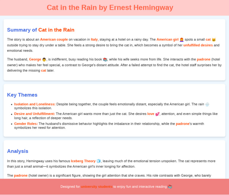 Hemingway's "Cat in the Rain" Analysis | PDF