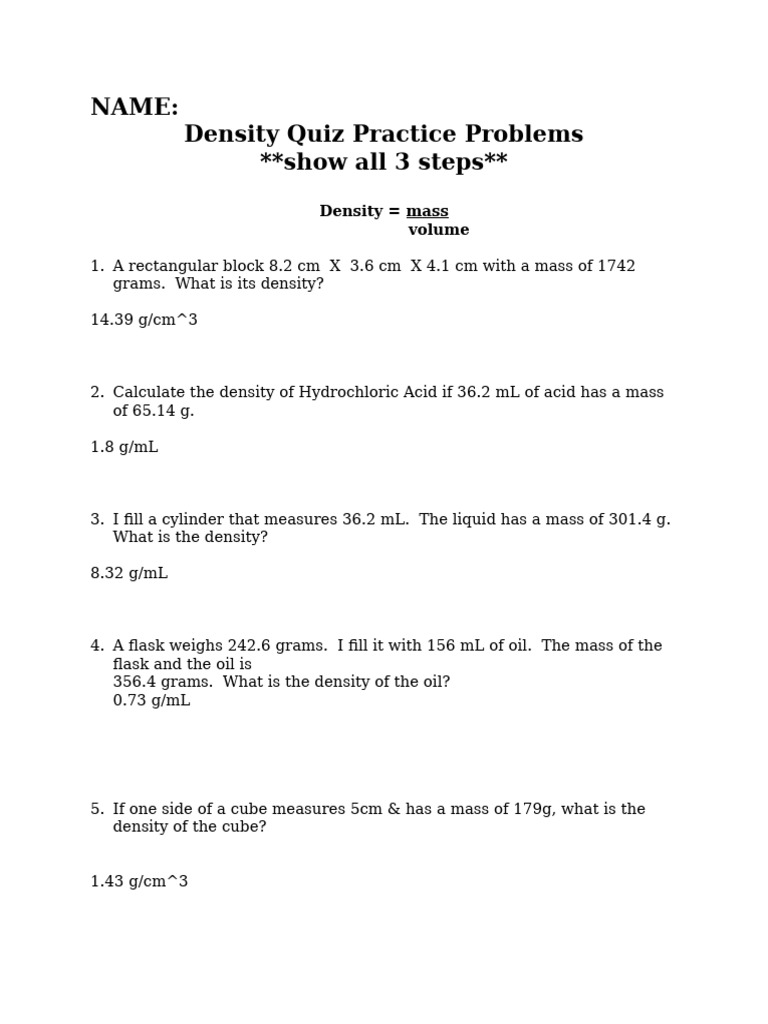 Density Practice Problems 2022 | PDF