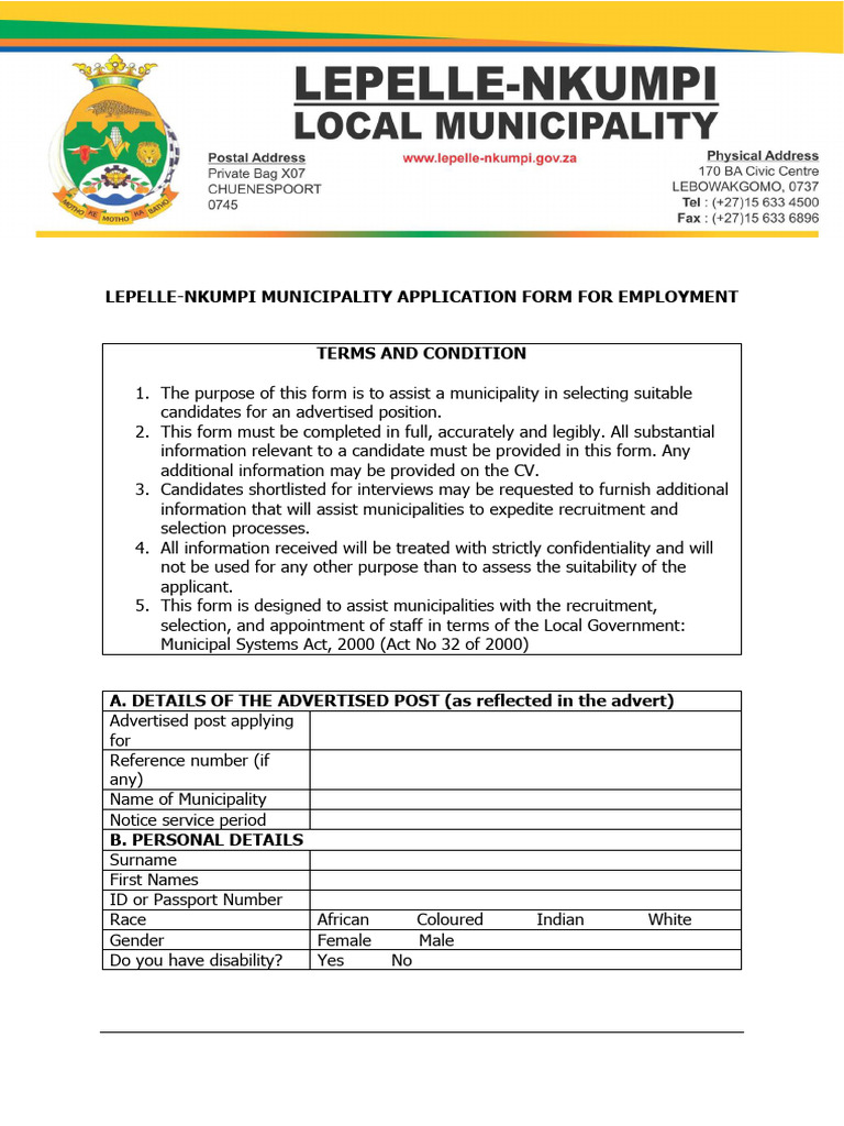 Lepelle-Nkumpi Local Municipality - Application Form For Employment ...