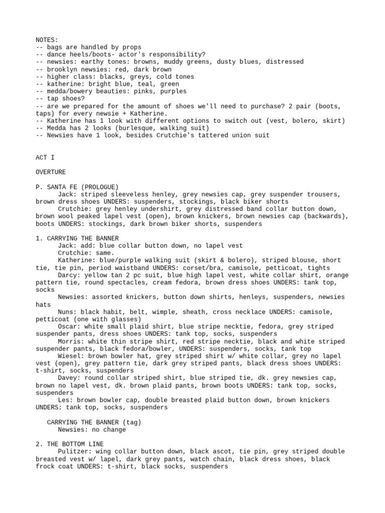 Newsies Costume Plot | PDF | Necktie | Dress