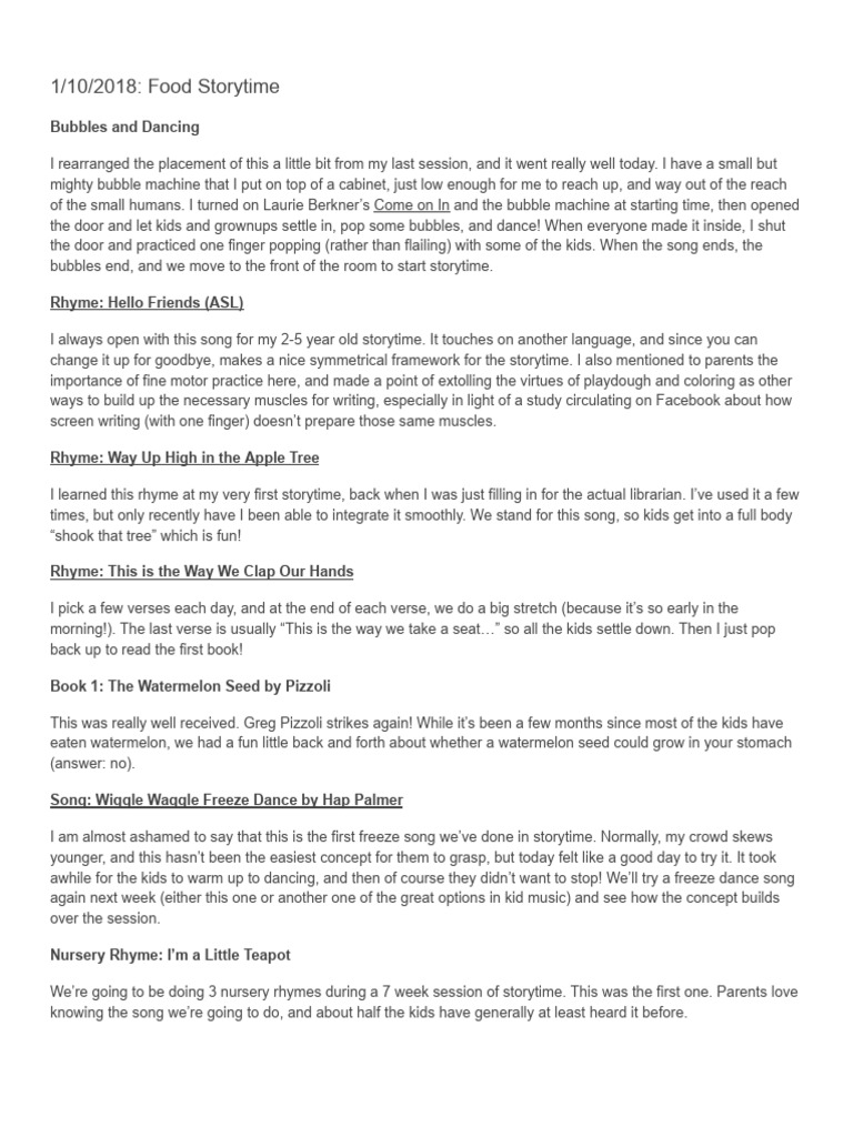 Food Storytime For Preschoolers | PDF