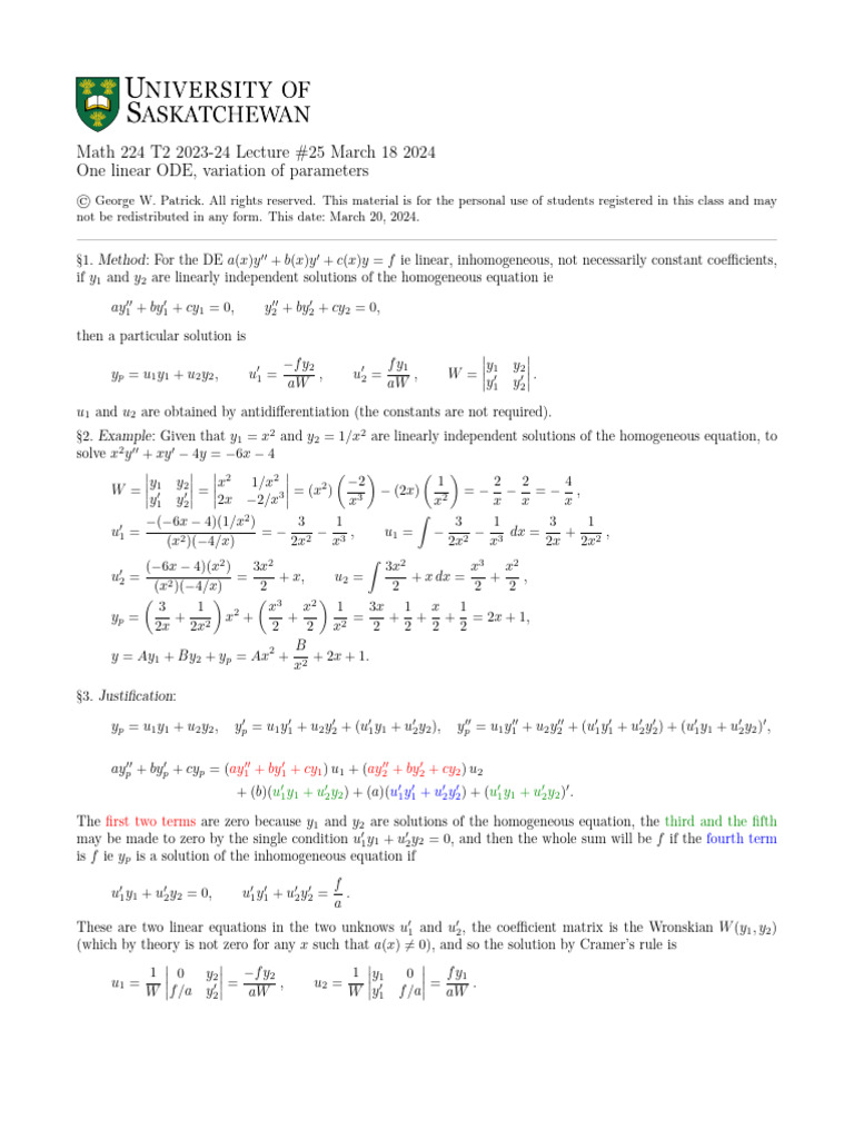 Math 224 T2 2023 24 Lecture 25 One Linear Ode Variation Of Parameters
