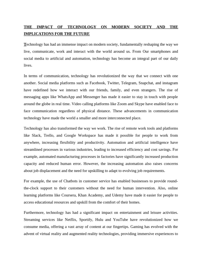 The Impact of Technology On Modern Society and The Implications For The ...