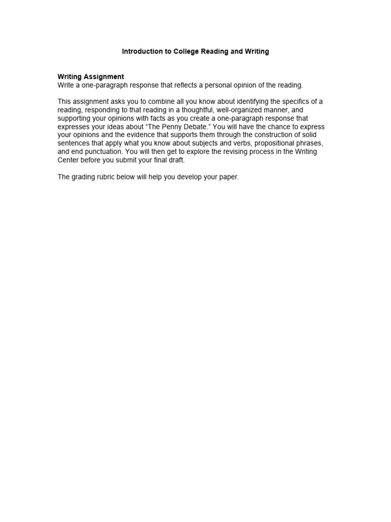 The Penny Debate - Writing Assignment and Rubric | PDF | Rubric ...
