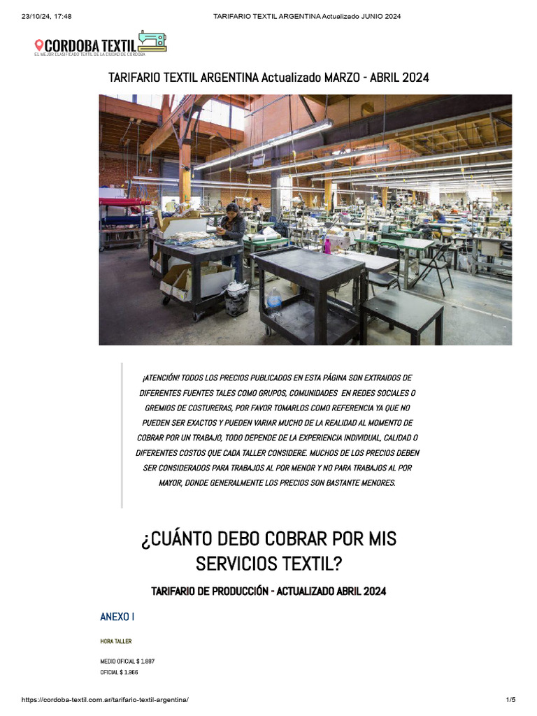 TARIFARIO TEXTIL ARGENTINA Actualizado JUNIO 2024 | PDF