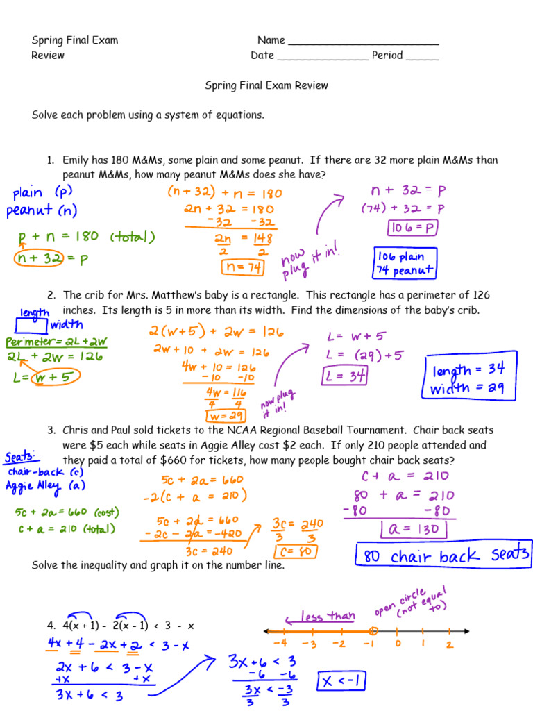 Spring Final Review Answer Key | PDF | Equations | Algebra