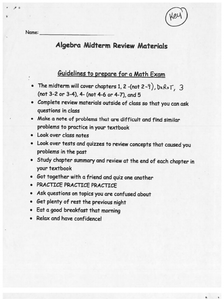 BH Algebra Midterm Review I Answer Key | PDF