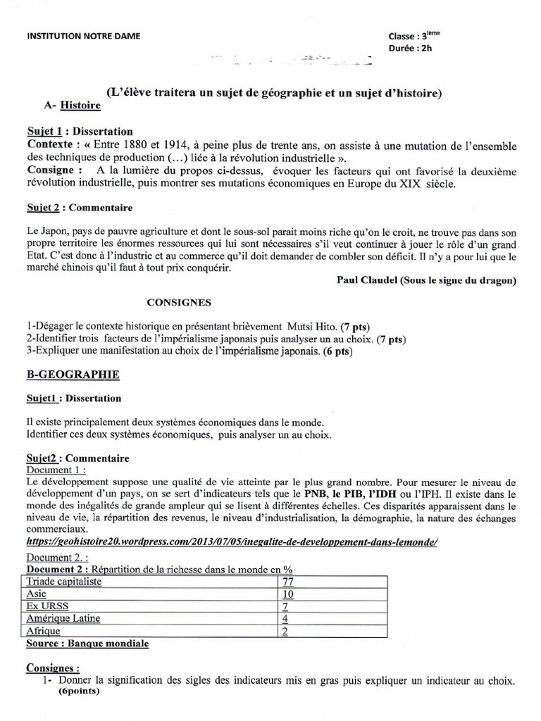 3ieme Devoir Histoire | PDF