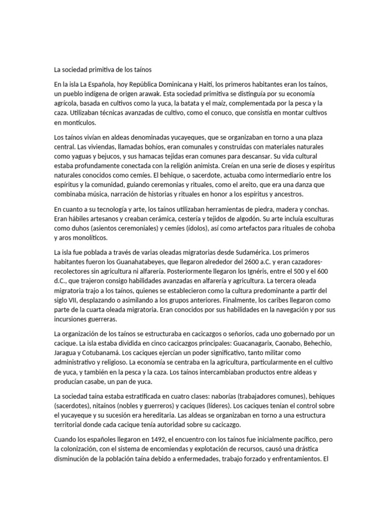 La Sociedad Primitiva de Los Taínos | PDF | Pueblos Indígenas de las Américas