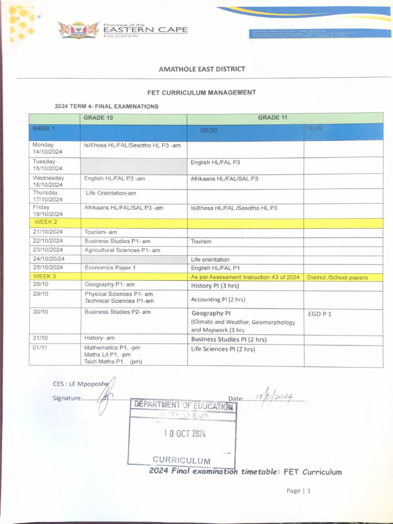 AE Grade 10 & 11 Final Exam Time Table | PDF