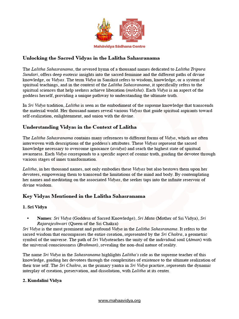 Exploring Vidyas in Lalitha Sahasranama | PDF | Kundalini | Chakra