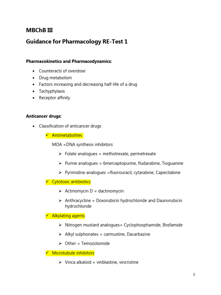 Pharmacology Re-Test Guidance for MBChB III | PDF | Chemotherapy | Enzyme