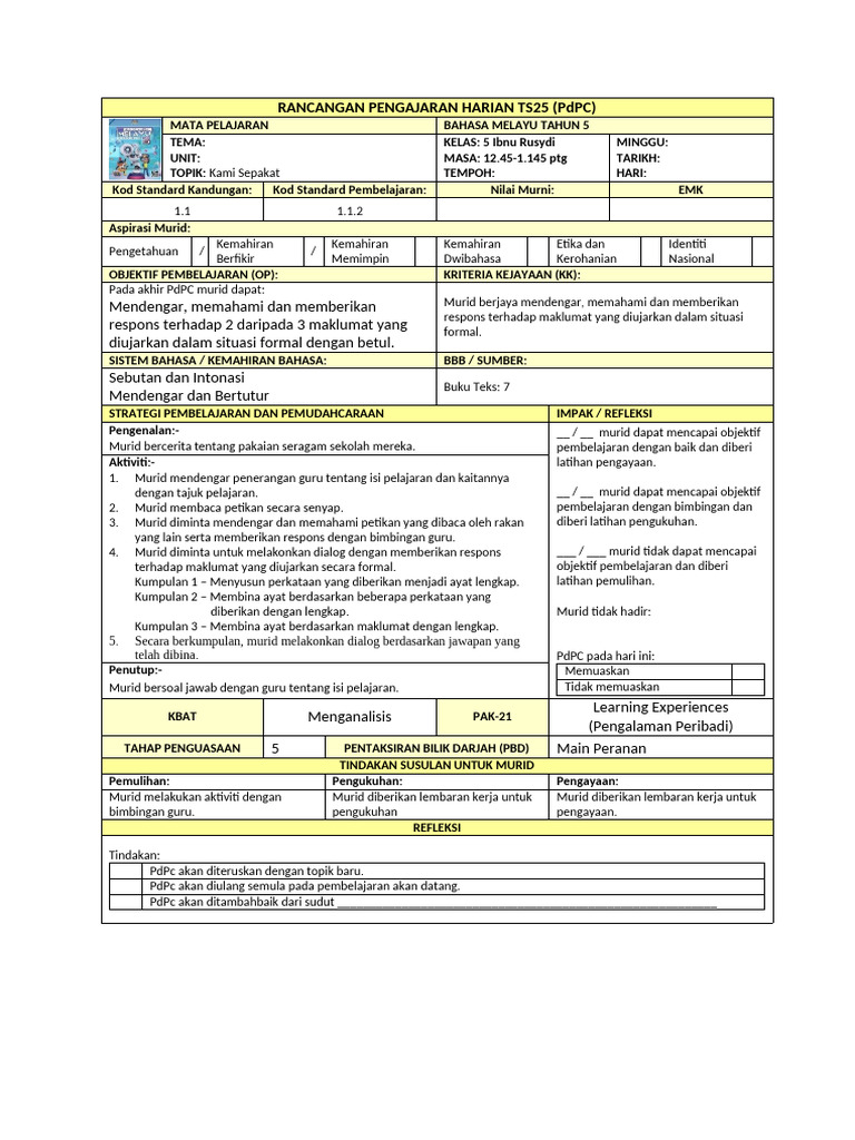 Rancangan Pengajaran Harian Ts25 | PDF