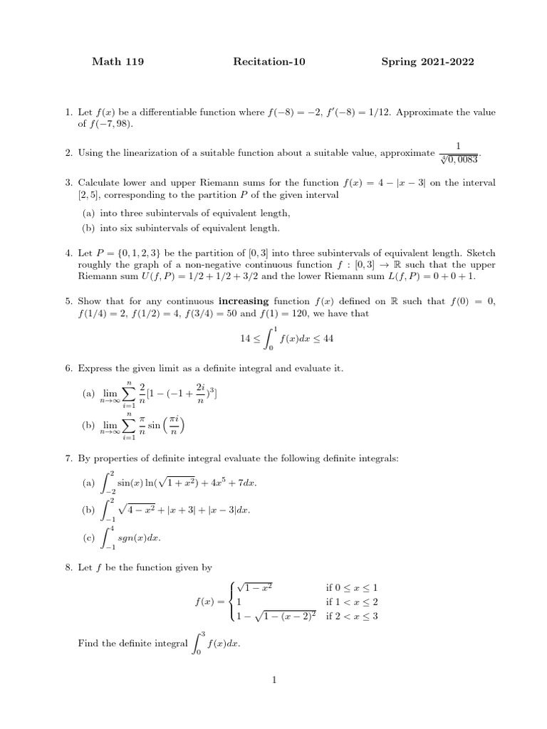 Recitation Problems Week 10 | PDF | Integral | Mathematical Relations