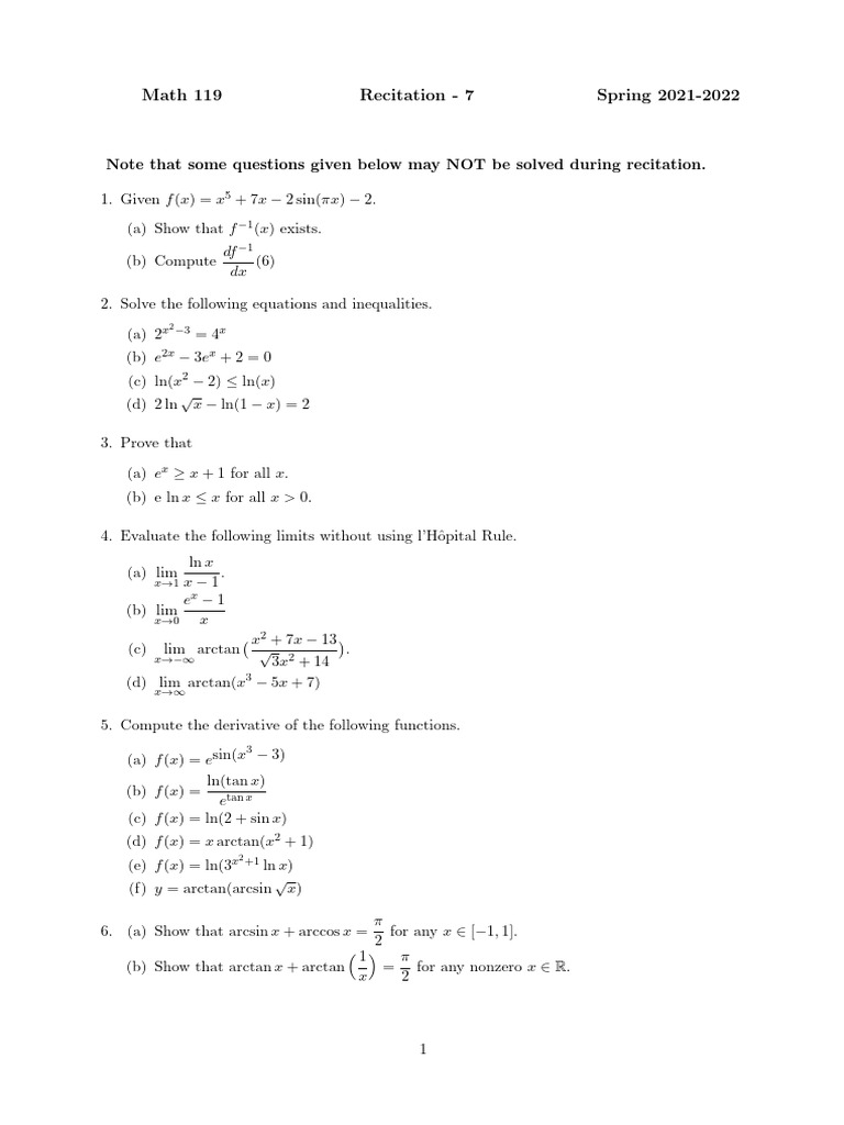 Recitation Problems Week 7 | PDF | Mathematical Analysis | Analysis
