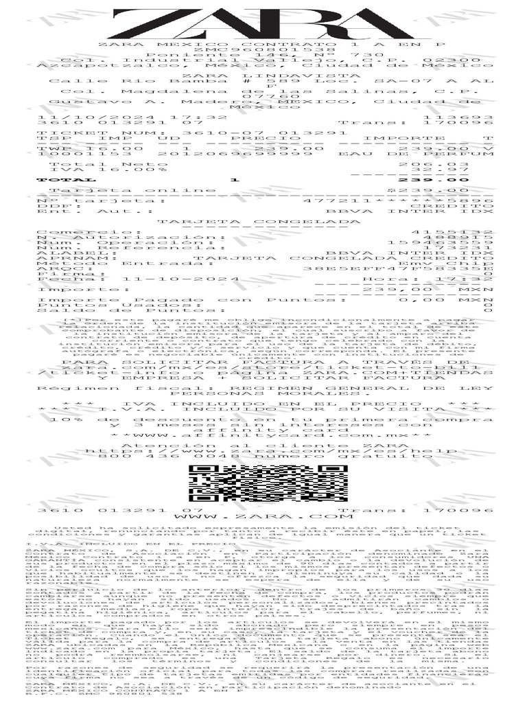 ZARA - MEX-LINDAVISTA - Purchase Receipt | PDF | Factura | Crédito