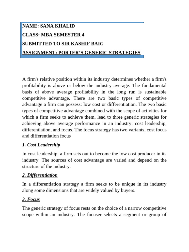 Porter's Generic Strategy Assignment Sir Kashif | PDF