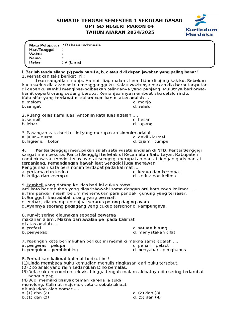 Soal PTS STS Bahasa Indonesia Kelas 5 Semester 1 Kurikulum Merdeka T A 2023 2024 | PDF | Seni ...