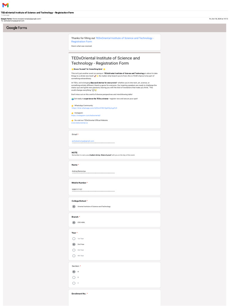 Gmail - TEDxOriental Institute of Science and Technology - Registration ...