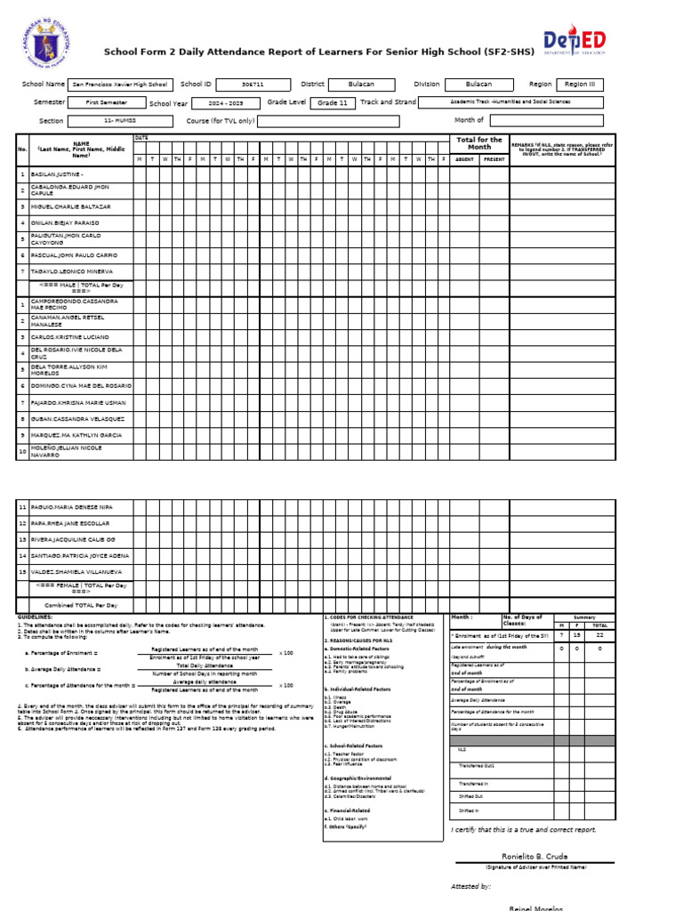 School Form 2 (SF 2) 11 Humss | PDF | Kinship And Descent | Human ...