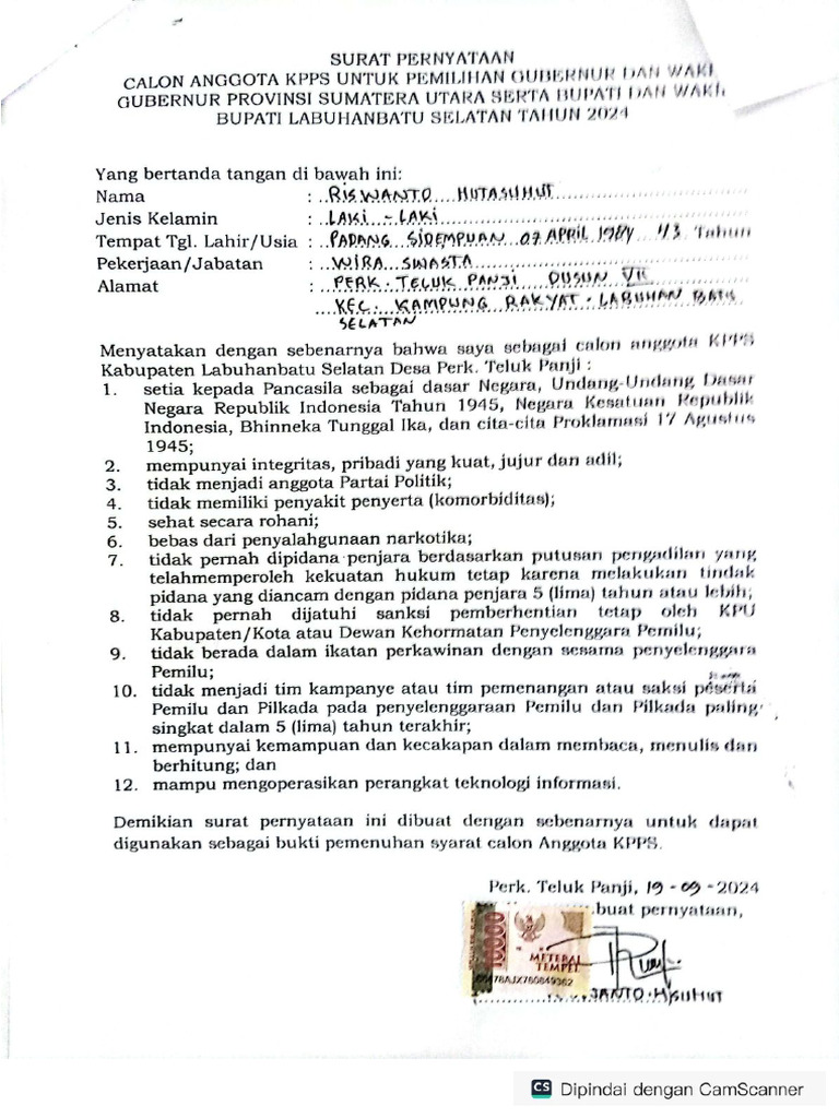Surat Pernyataan Riswanto Hutasuhut | PDF