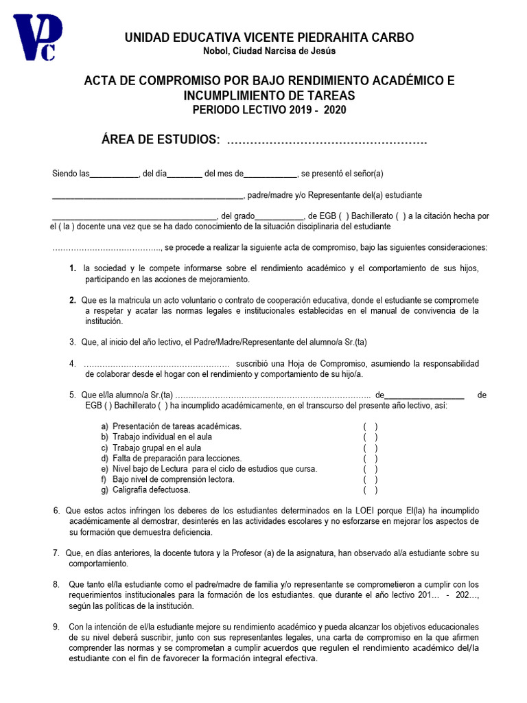 001 - Acta de Compromiso Por Bajo Rendimiento Académico | PDF | Salón de clases | Aprendizaje