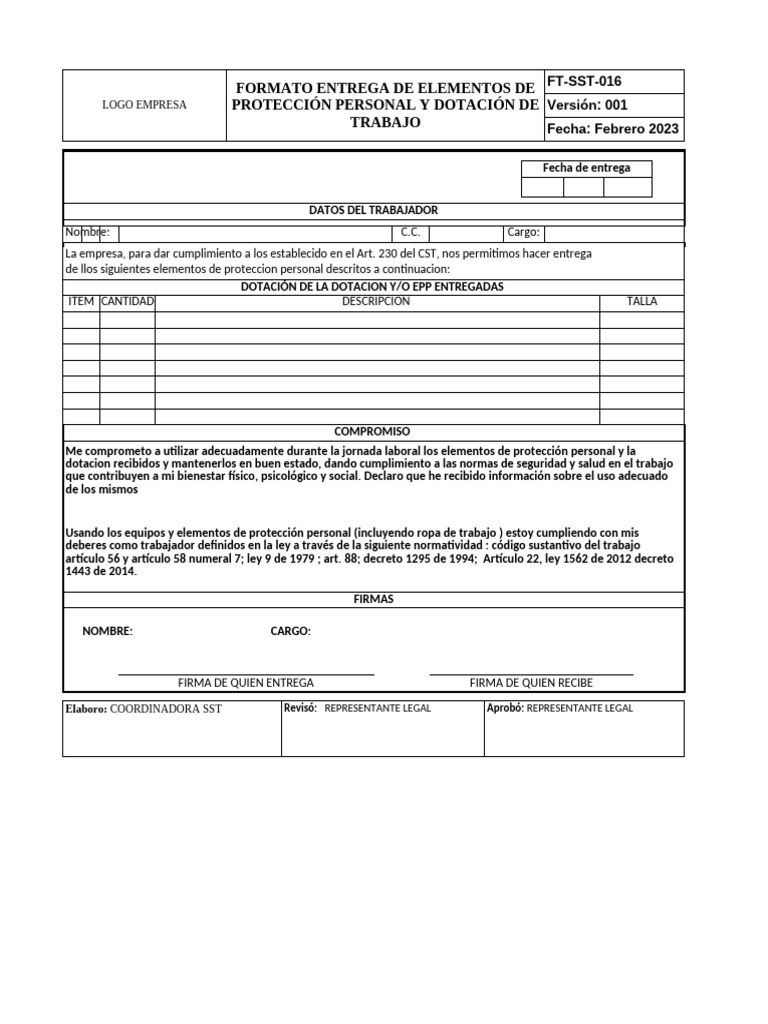 FT-SST-016 Formato Entrega EPP | PDF