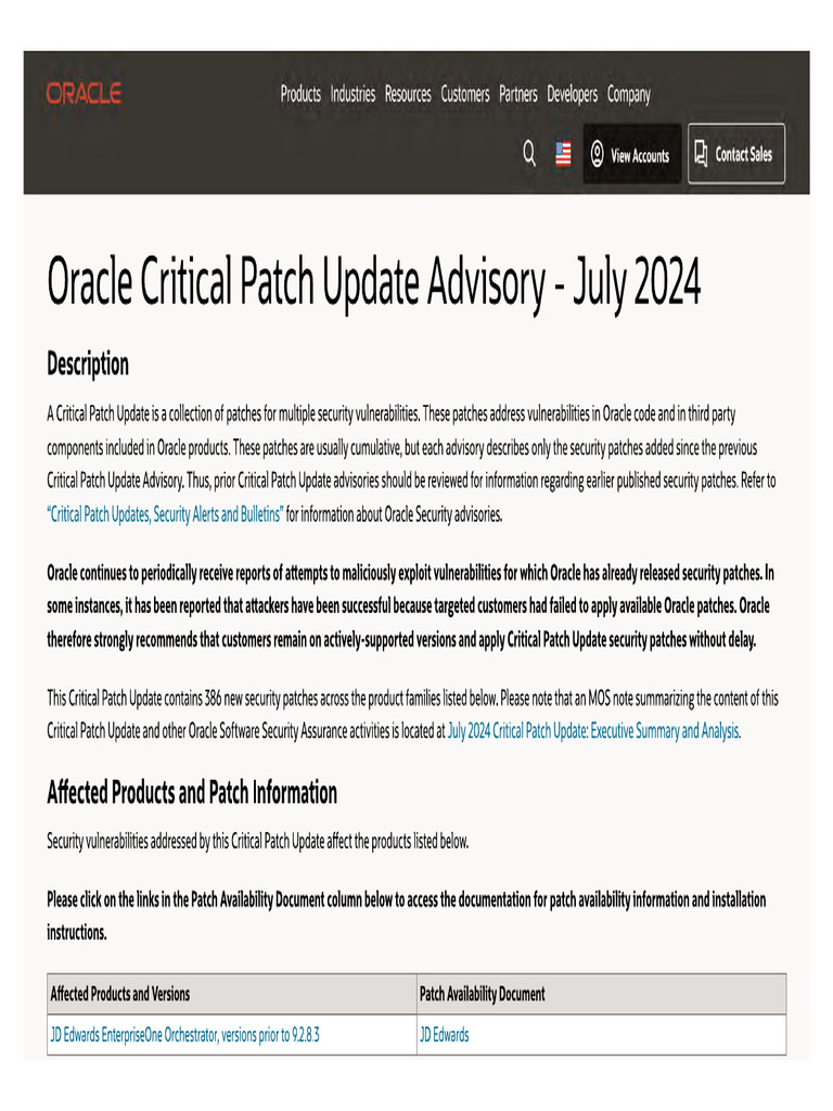 Oracle Critical Patch Update Advisory - July 2024 | PDF