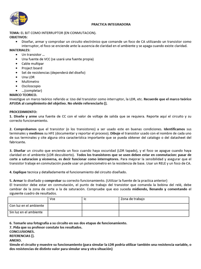 Practica Integradora | PDF | Red eléctrica | Transistor