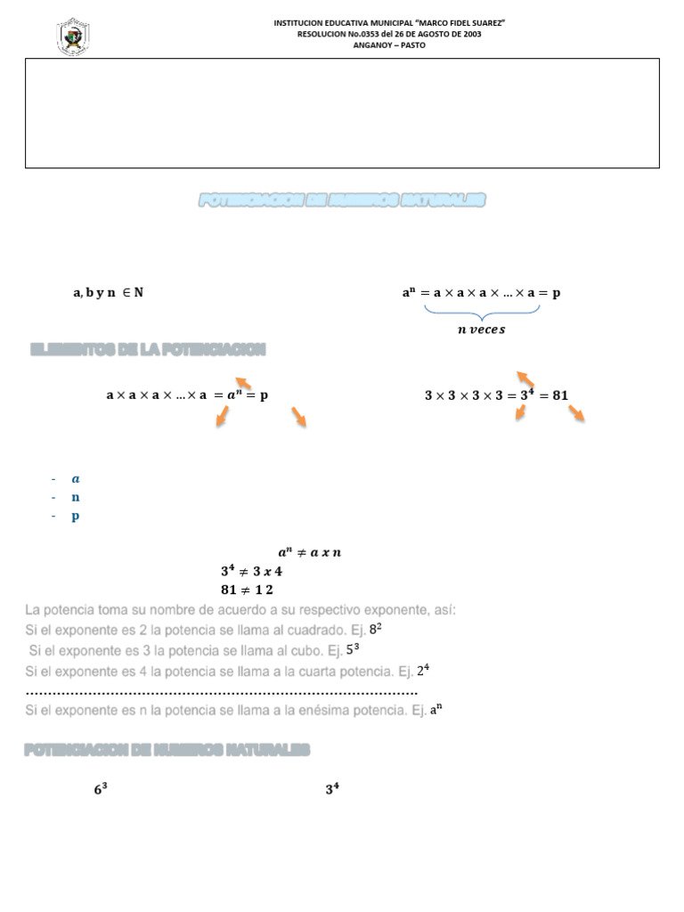 Guia 10 Potenciacion Con Numeros Naturales 6° Matematicas Enna | PDF | Exponenciación ...