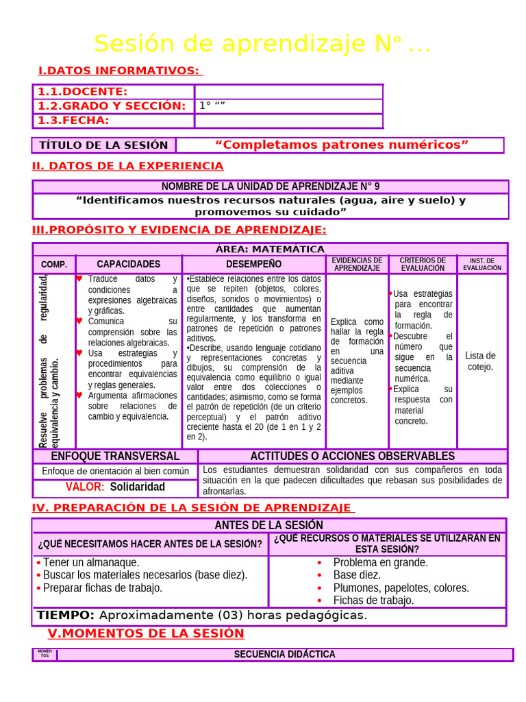 Sesión Completamos Patrones Numérica (+) | PDF | Aprendizaje | Evaluación