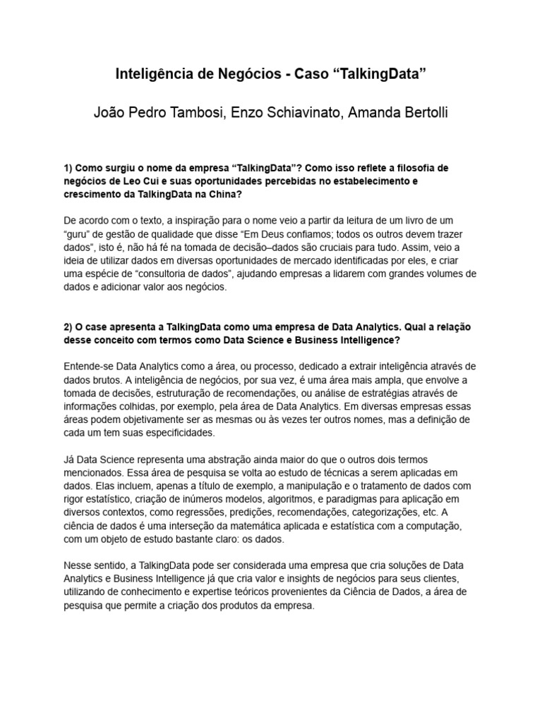 Inteligência de Negócios - Caso "TalkingData" | PDF | Inteligência empresarial | Dados