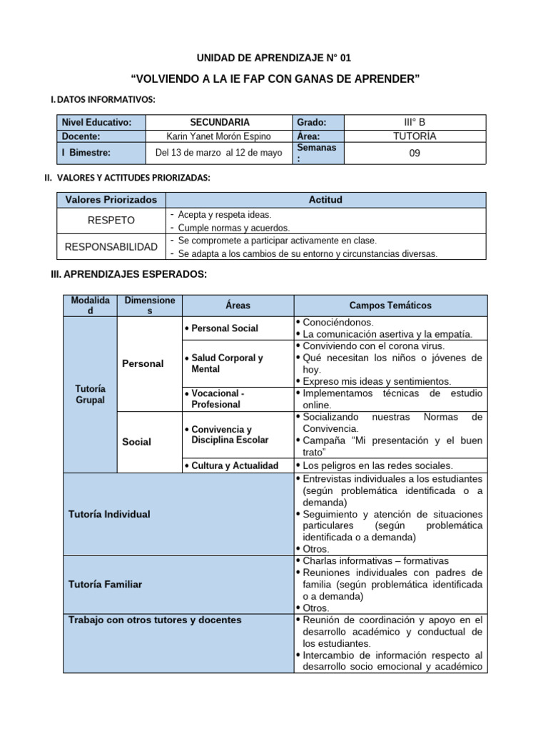 Unidad de Aprendizaje N 1 Iii°b | PDF | Aprendizaje | Cognición