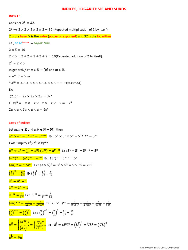 Indices Logarithms and Surds 2024-2025 | PDF | Decimal | Logarithm