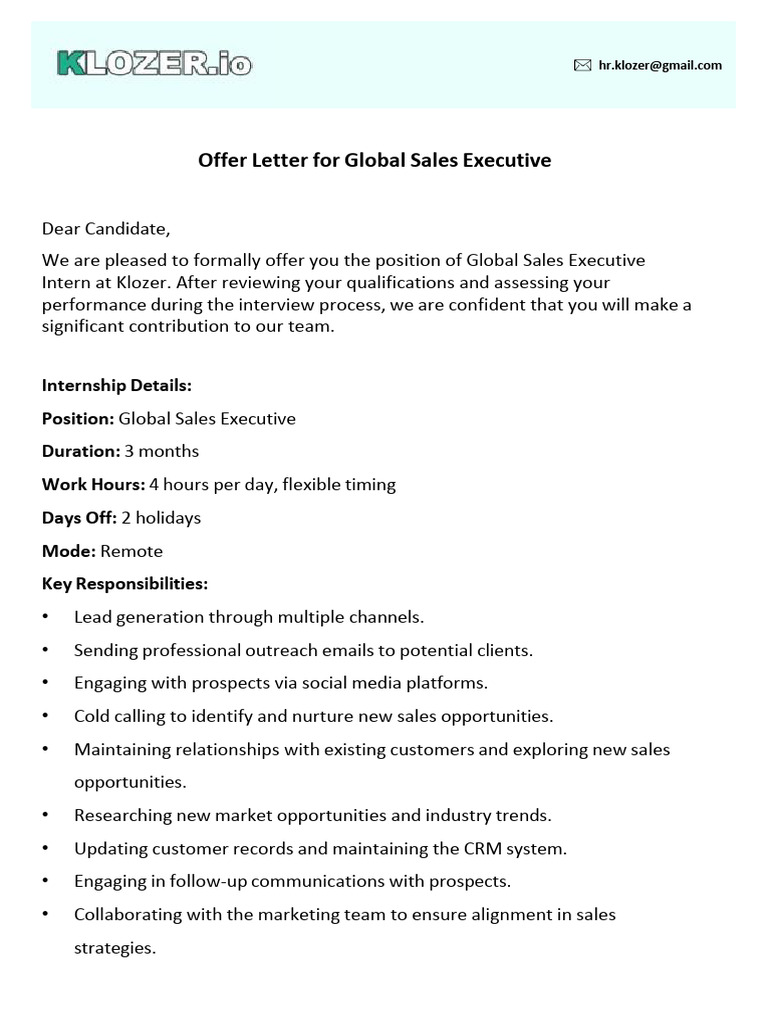 Offer Letter For Global Sales Executive Updated | PDF