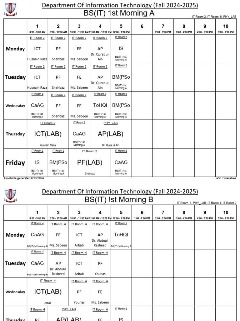 Class Wise Time Table Fall2024-2025 | PDF