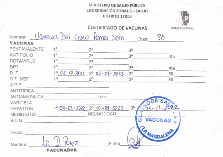 Certificado de Vacunas MSP | PDF