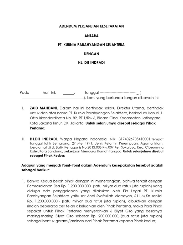 Adendum Perjanjian Pt. Kps Dengan Ibu Dit - 085758 | PDF | Hukum