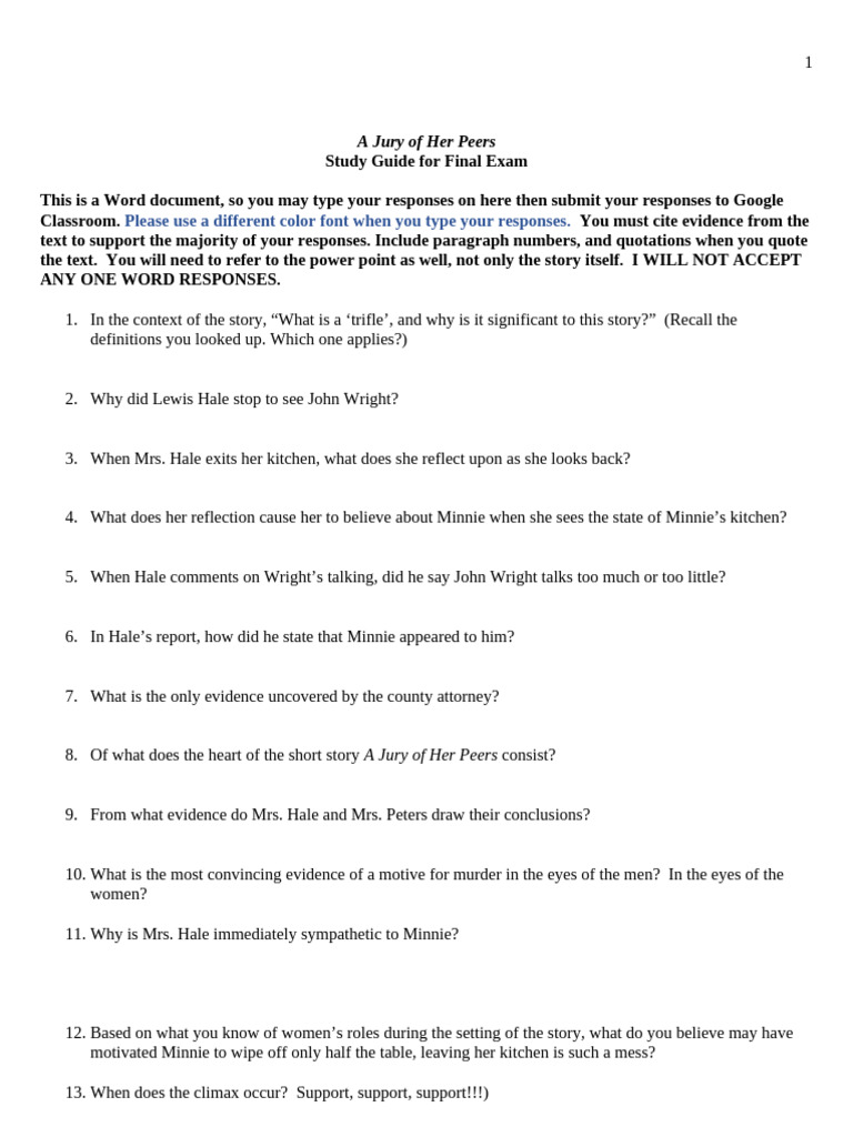 A Jury of Her Peers Study Guide | PDF