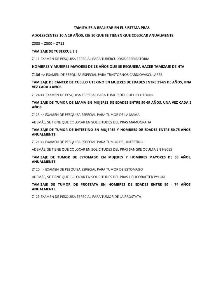 Tamizajes A Realizar en El Sistema Pras | PDF