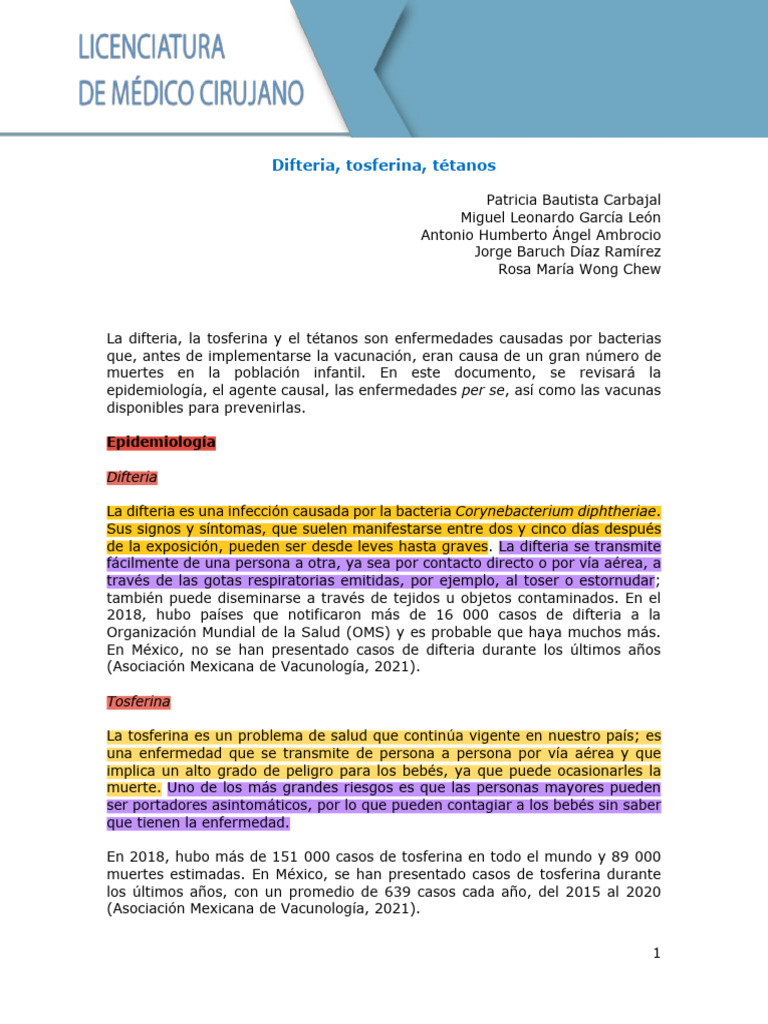 Difteria Tosferina Tetanos U8 | PDF | Medicina CLINICA | Enfermedades y trastornos