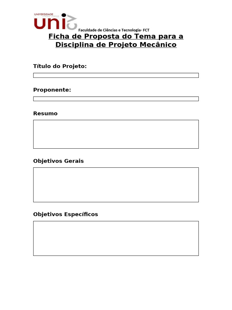 Ficha de Proposta Do Tema para A Disciplina de Projeto Mecânico | PDF